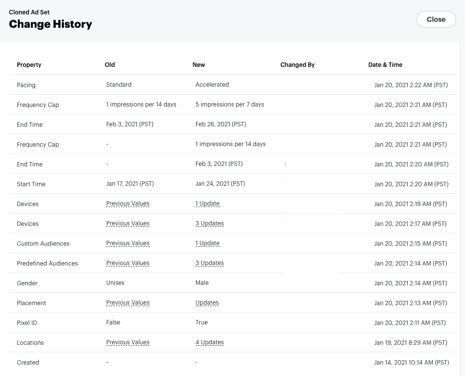 Access the Change History for Campaign or Ad