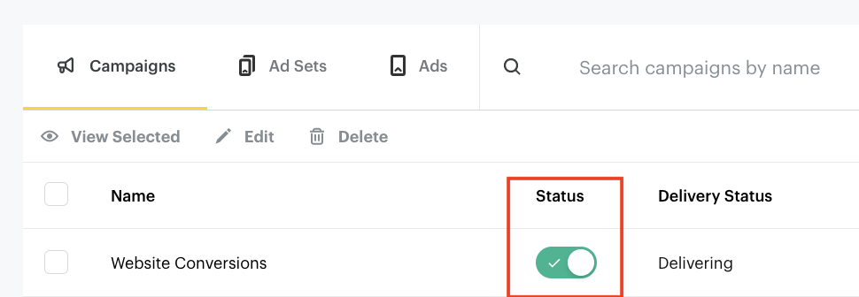 Pause a campaign, ad set or ad